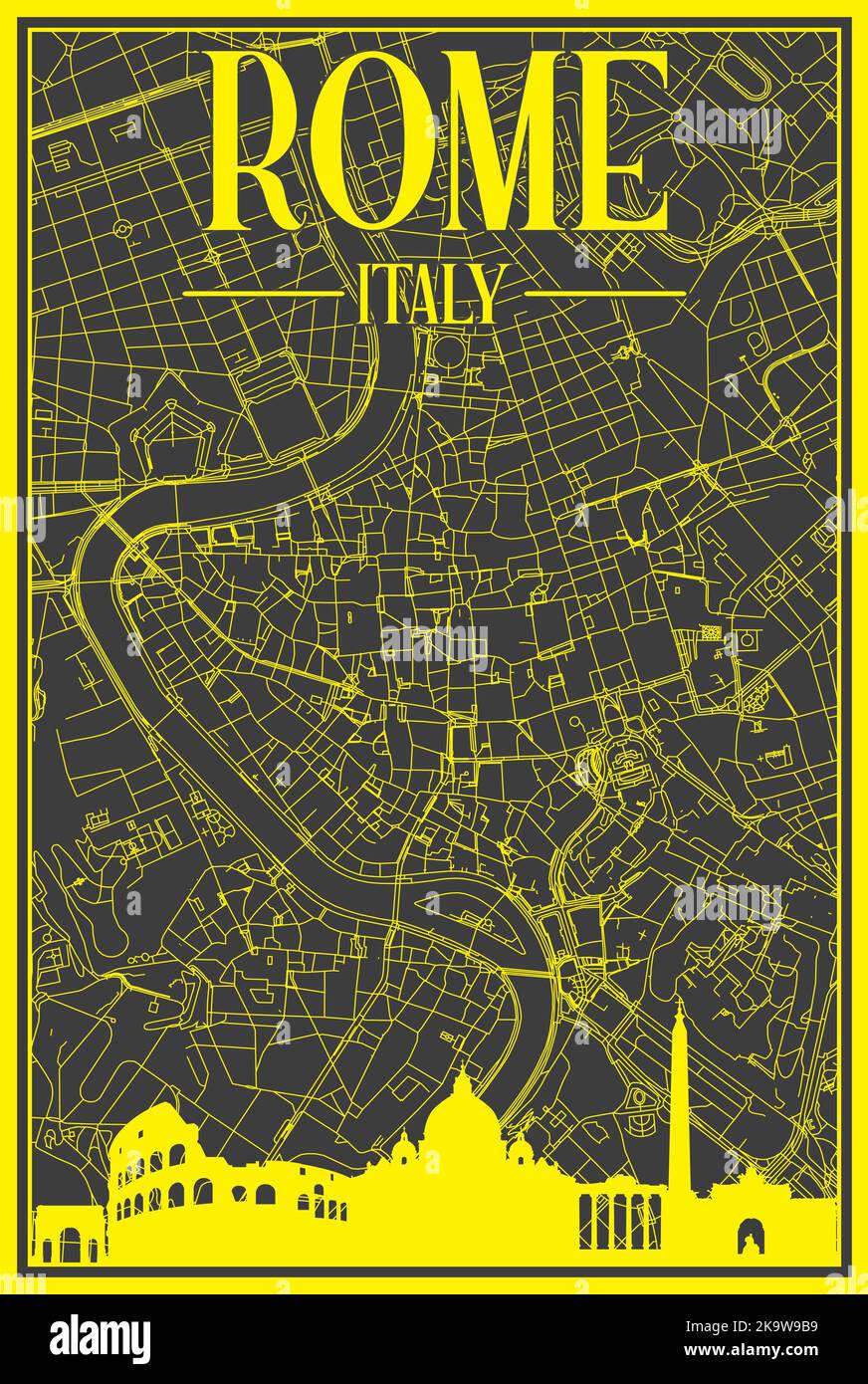 Hand-drawn downtown streets network printout map of ROME, ITALY Stock ...