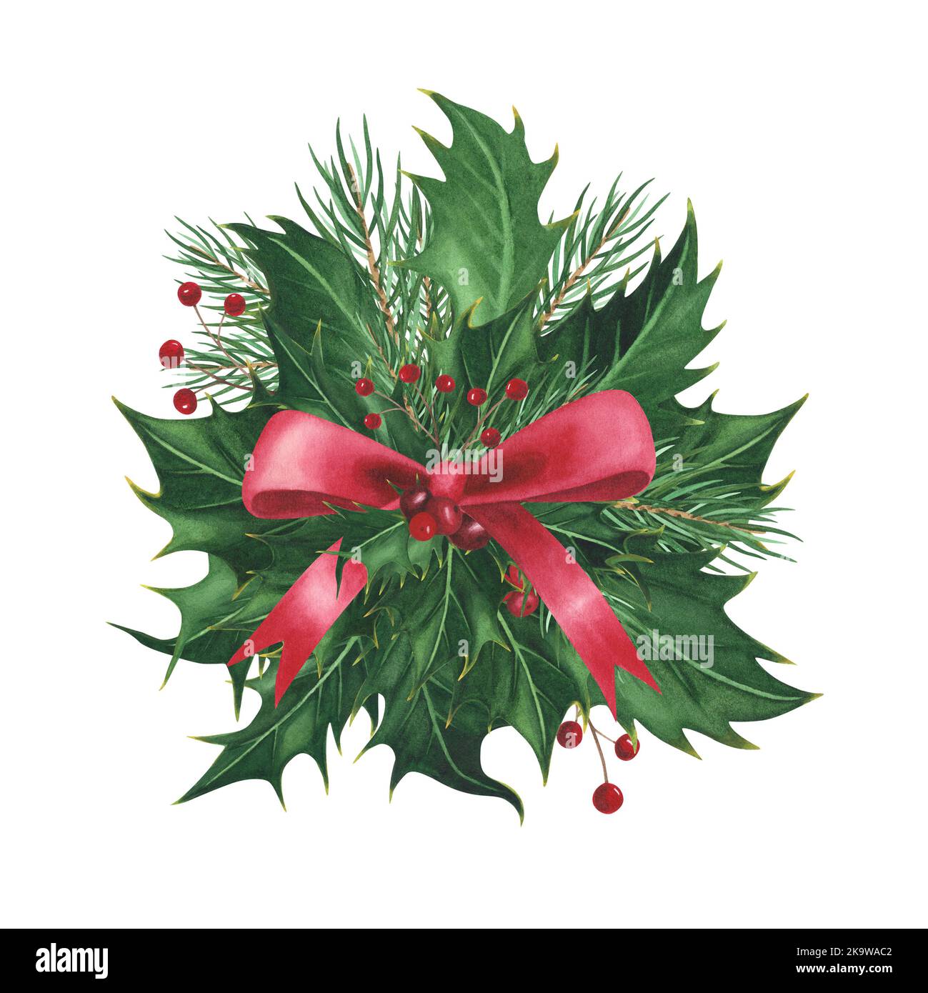 Christmas tree, holly, pine branch with red silk ribbon bow isolated on ...