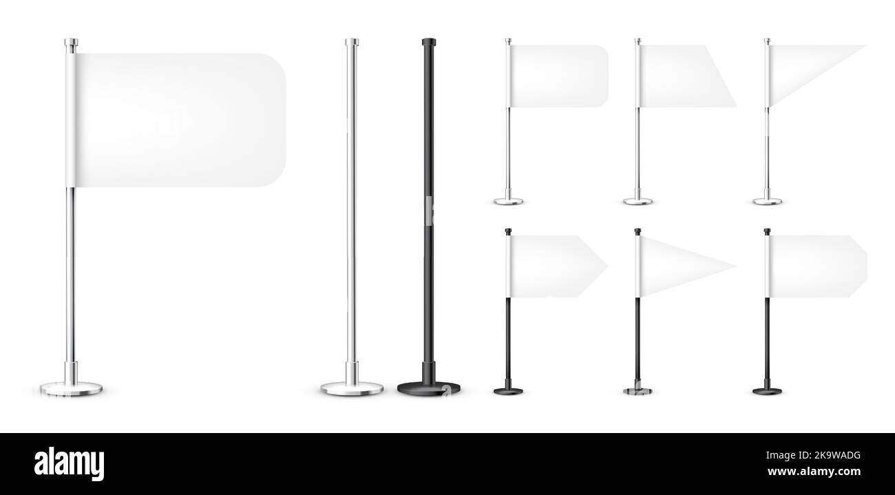 Realistic various table flags on a steel pole. Blank white desk flag ...