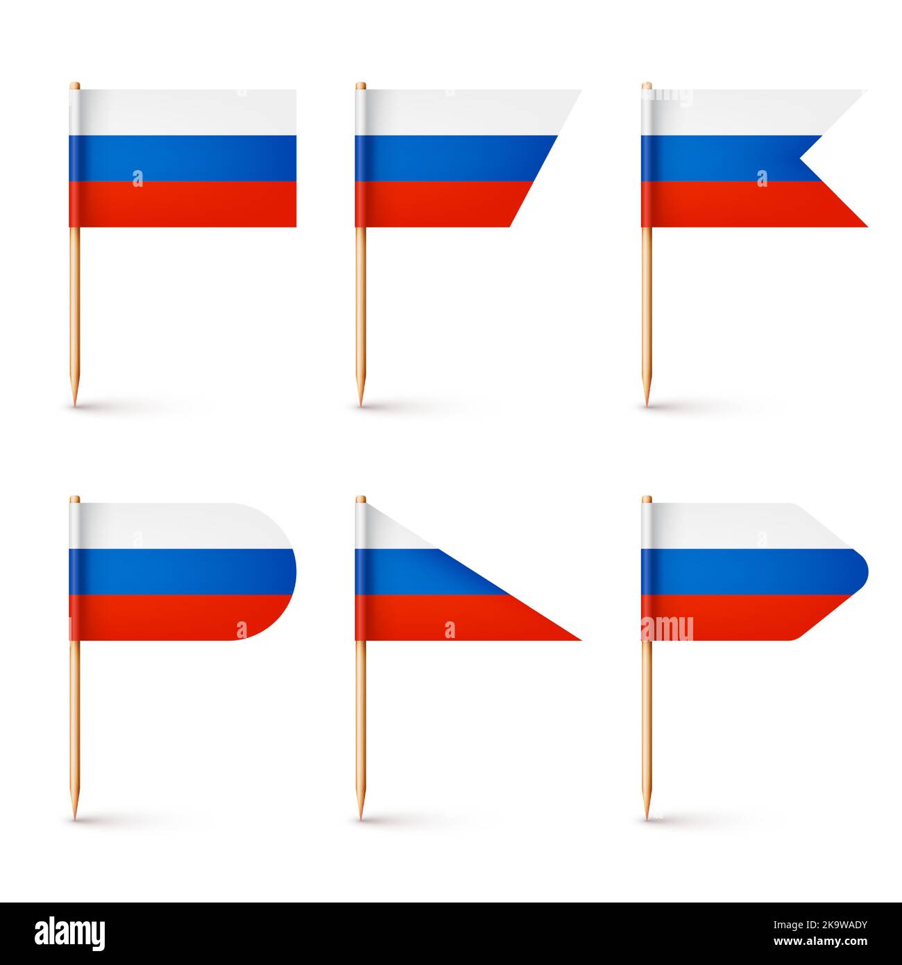 Realistic various Russian toothpick flags. Souvenir from Russia. Wooden toothpicks with paper ...