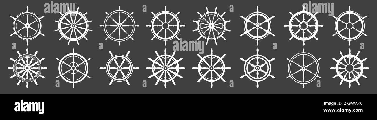 Collection of white vintage steering wheels. Ship, yacht retro wheel ...