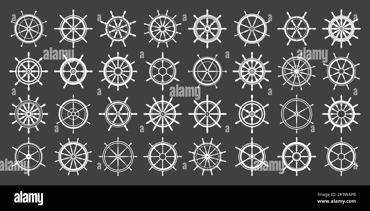 Collection of white vintage steering wheels. Ship, yacht retro wheel ...