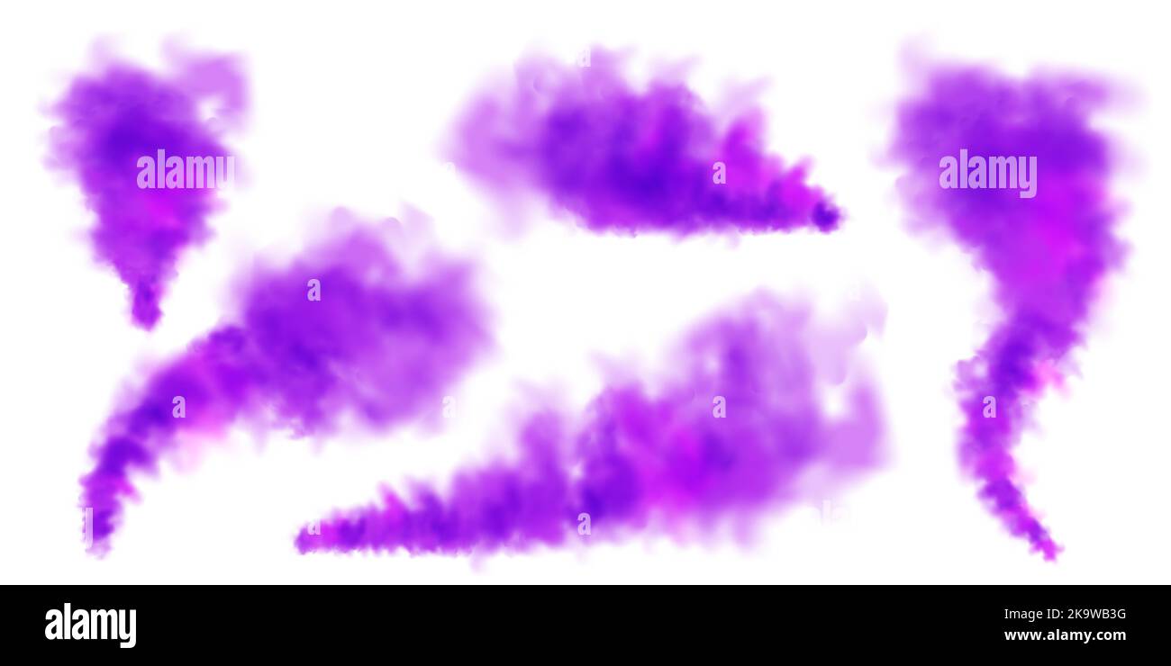 Violet colorful smoke clouds isolated on white background, realistic ...