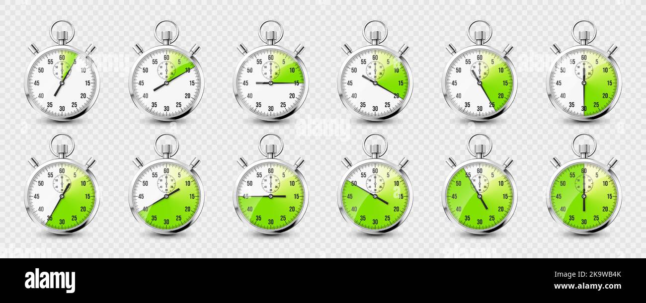Realistic classic stopwatch icons. Shiny metal chronometer time counter ...