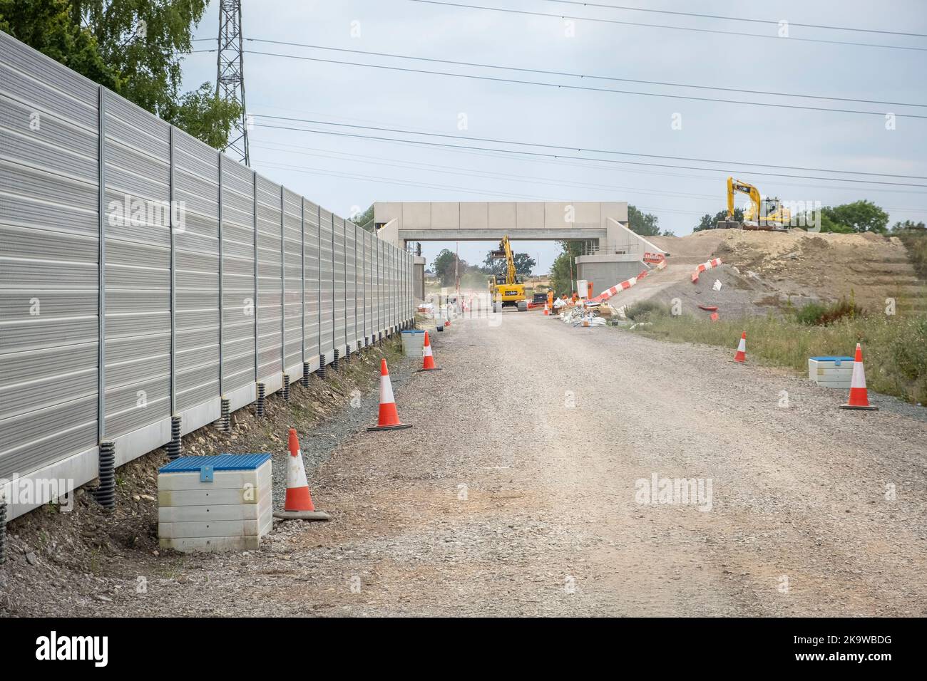WINSLOW, UK - July 29, 2022. Acoustic rail noise barrier at Verney ...