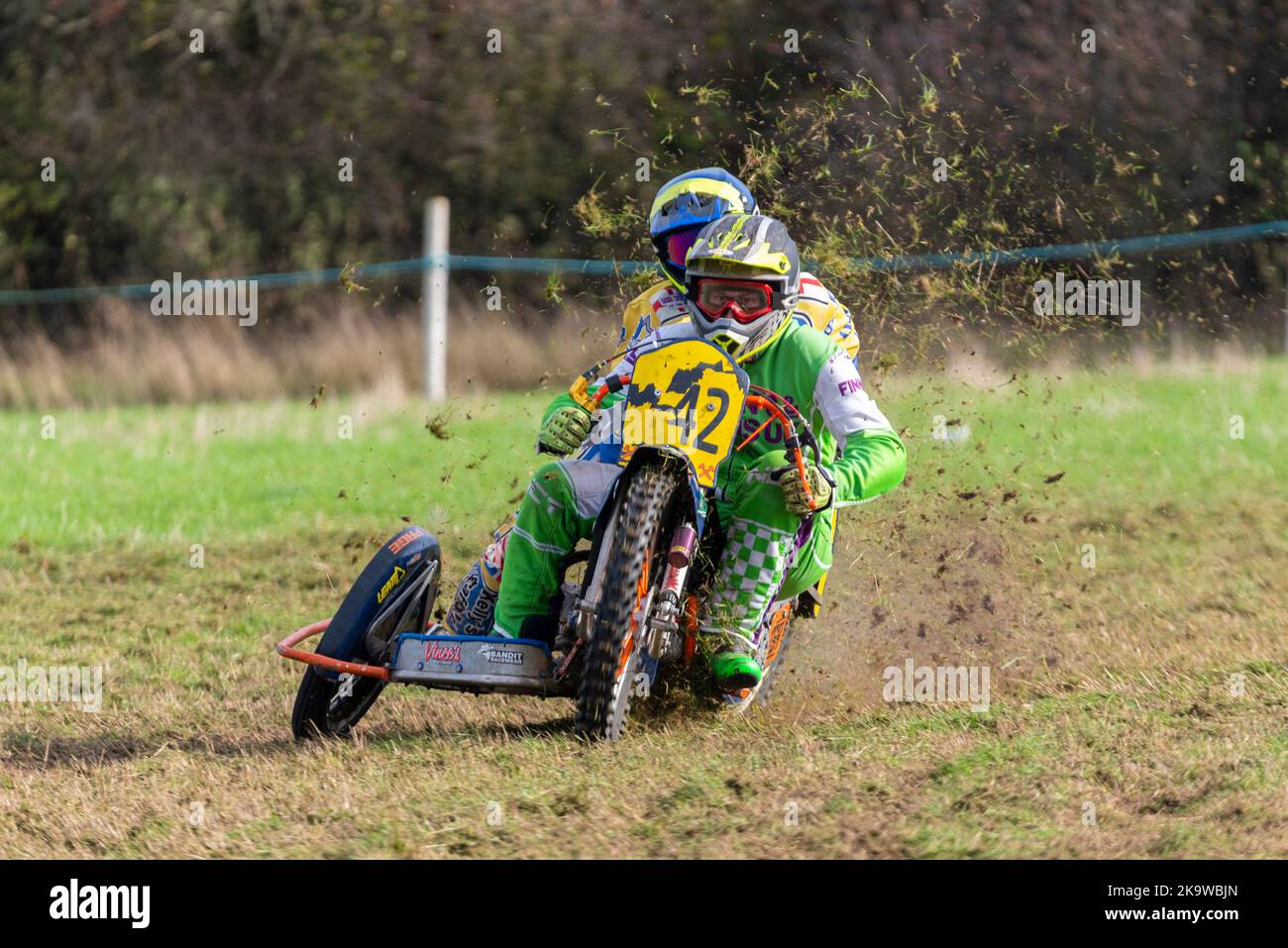 Simon Field & Shane Freeman racing in a grasstrack motorcycle race ...