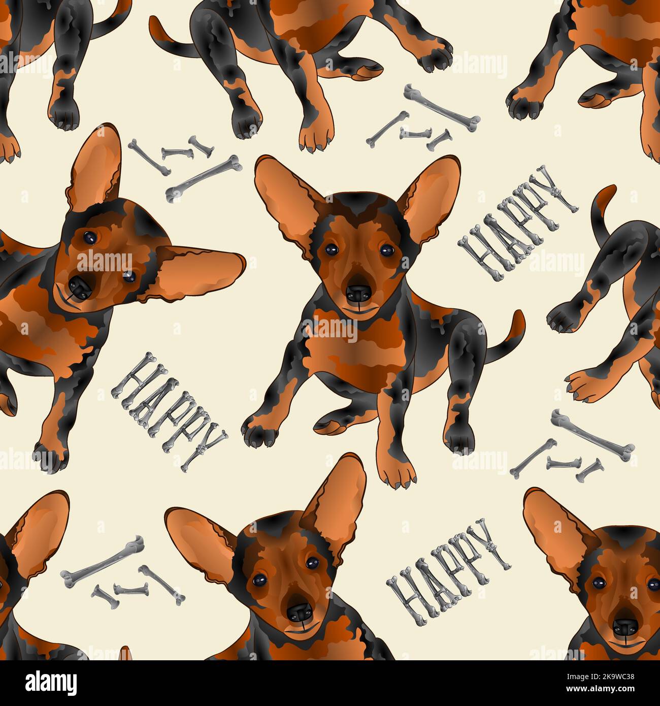 Seamless texture dog puppy small happy brown terrier vector ...
