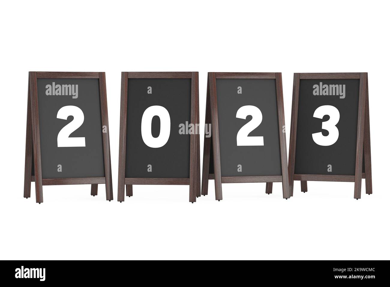 Wooden Menu Blackboard Outdoor Displays with 2023 Year Sign on a white background. 3d Rendering ...