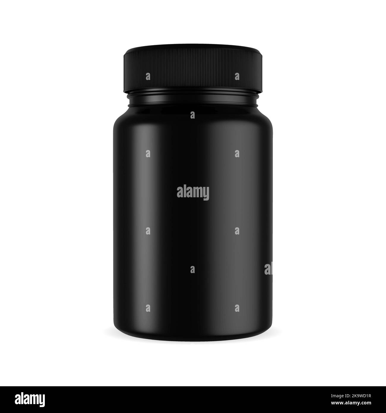 Black supplement bottle vector blank. Plastic pill jar mockup, vitamin ...
