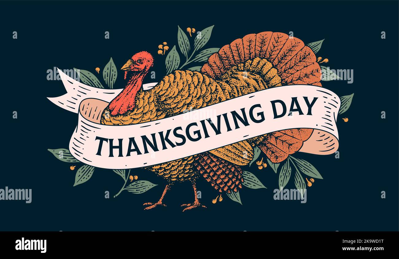 Turkey, Happy Thanksgiving. Retro greeting card with turkey, ribbon and ...