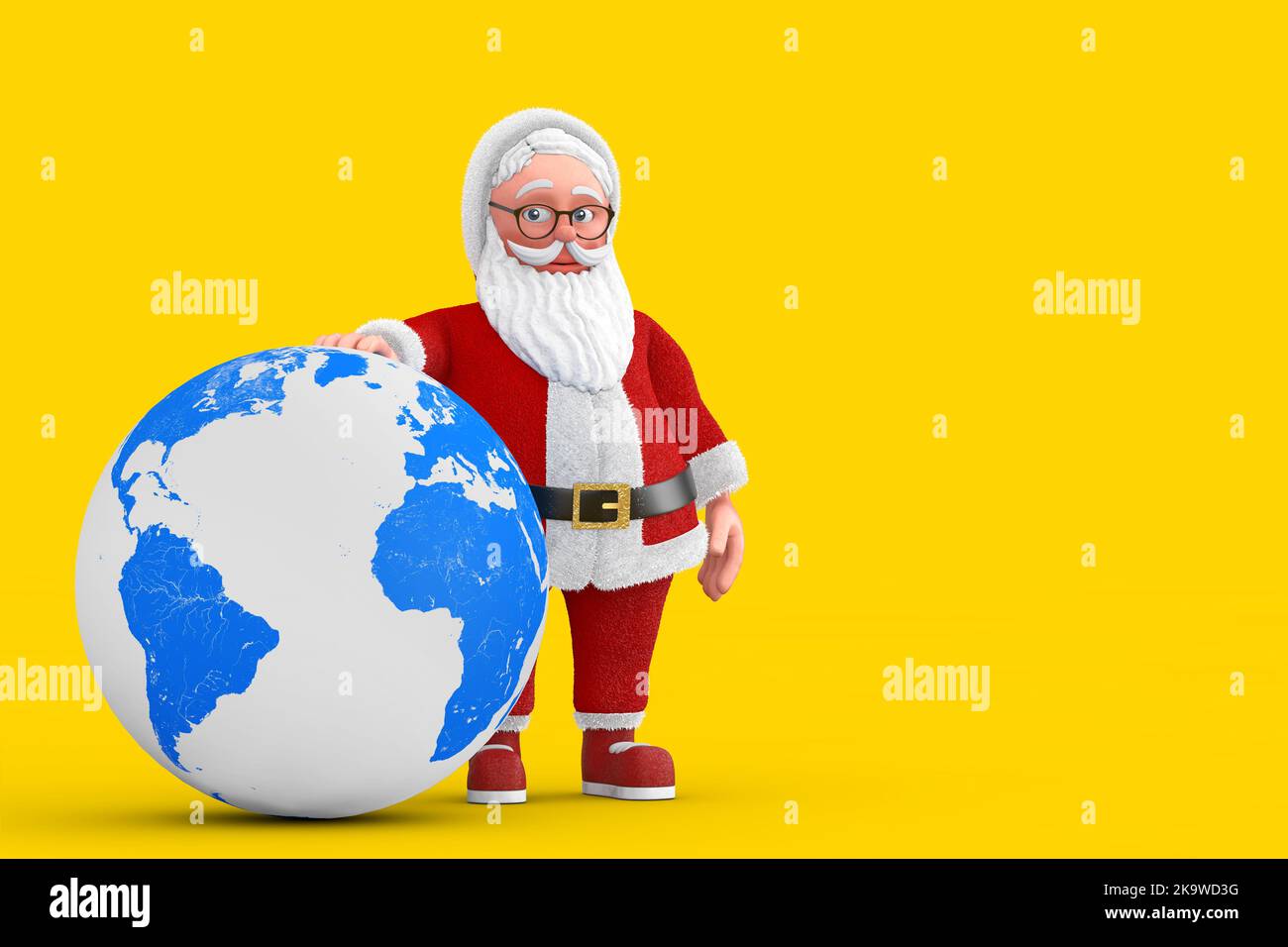 Cartoon Cheerful Santa Claus Granpa with Earth Globe on a yellow ...