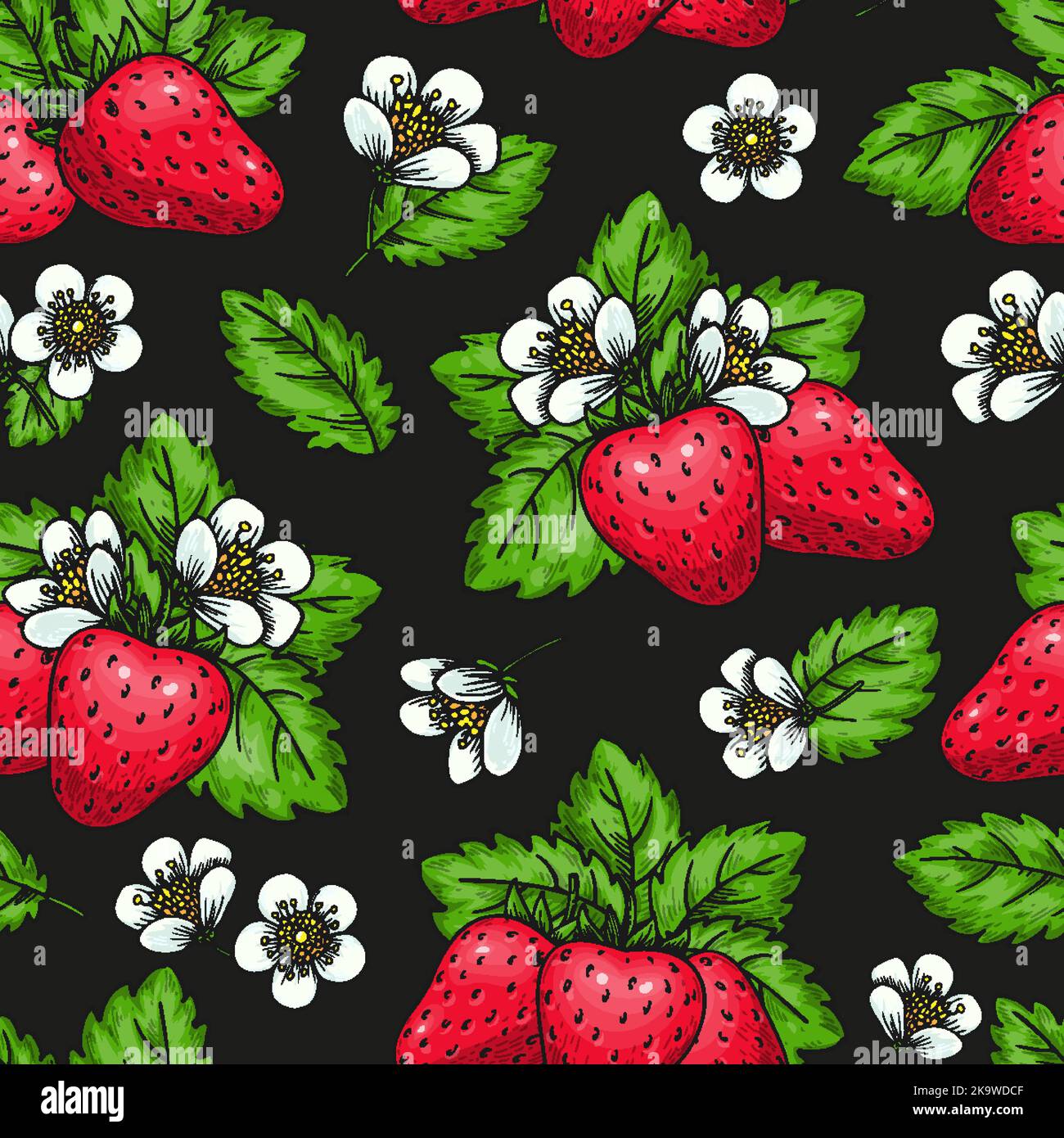Strawberry seamless pattern. Handdrawn berries flowers, leaves endless ...