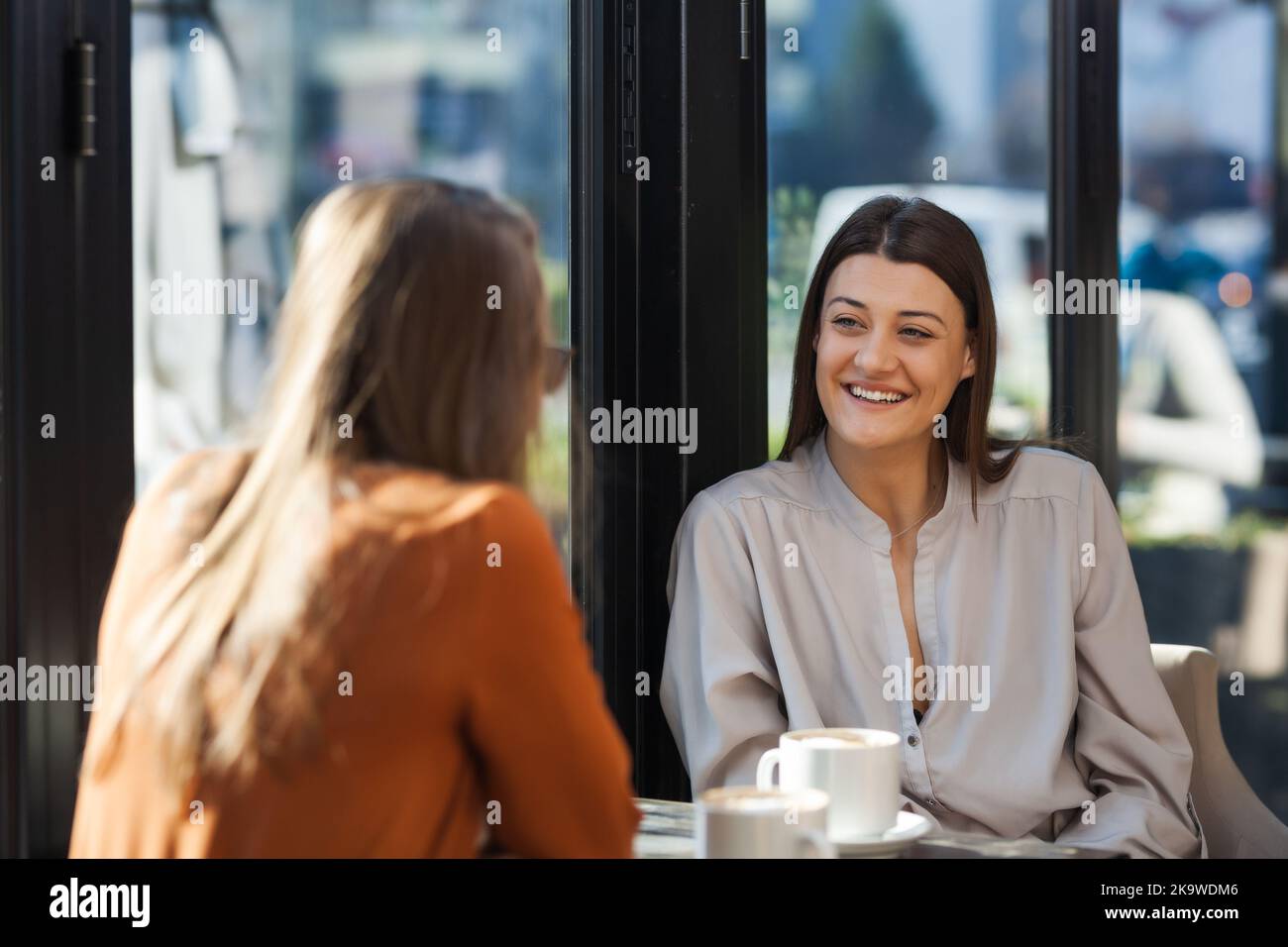 Two young business women in a cafe having one on one meeting. Friends ...