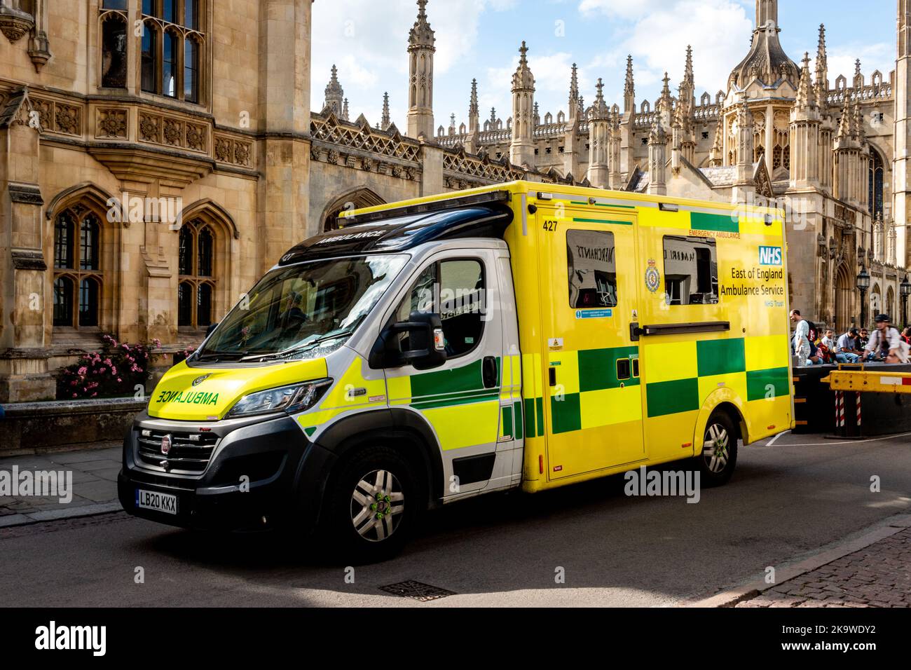 An emergency ambulance, a Fiat Ducato, is parked outside Kings College ...