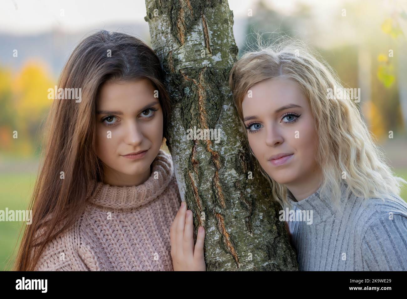 Portrait of beautiful two girls posing for the camera in autumn park ...