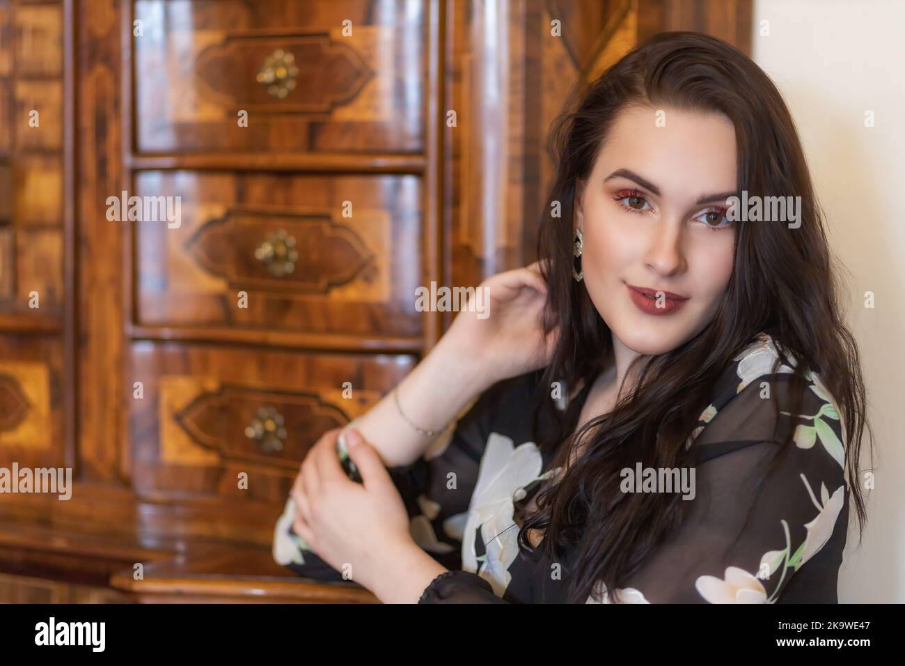 Front View Portrait Of Beautiful Dark Haired Girl Horizontally Stock