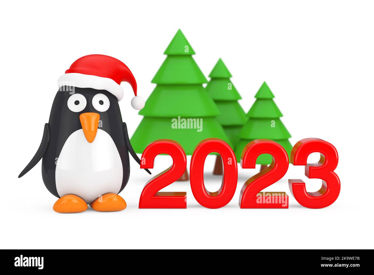 Green Trees and Cartoon Penguin Character with Santa Hat near 2023 New Year Sign on a white ...