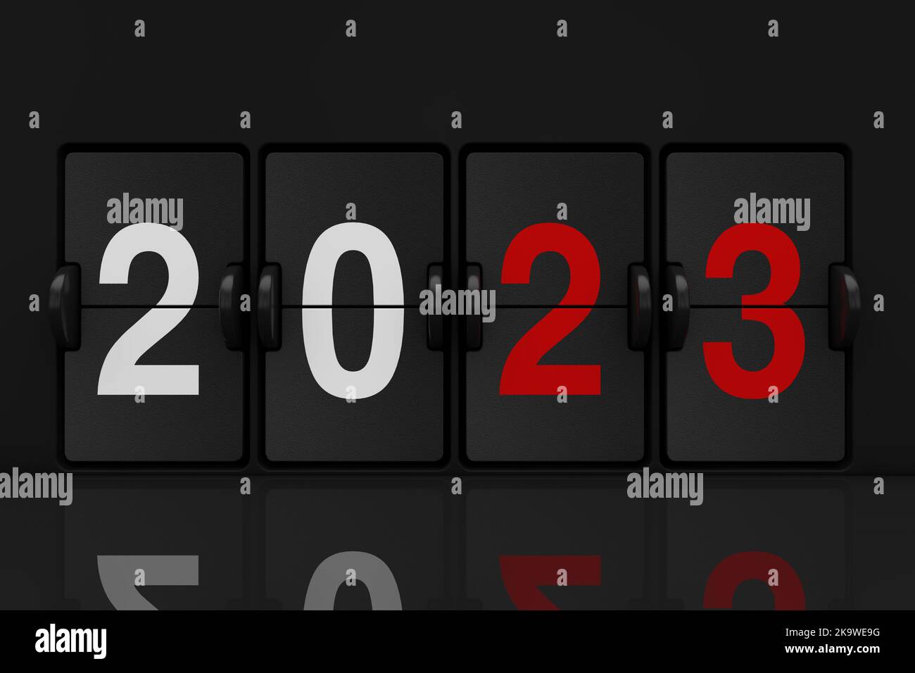 Mechanical Analog Flip Clock Board with 2023 New Year Sign extreme closeup. 3d Rendering Stock ...
