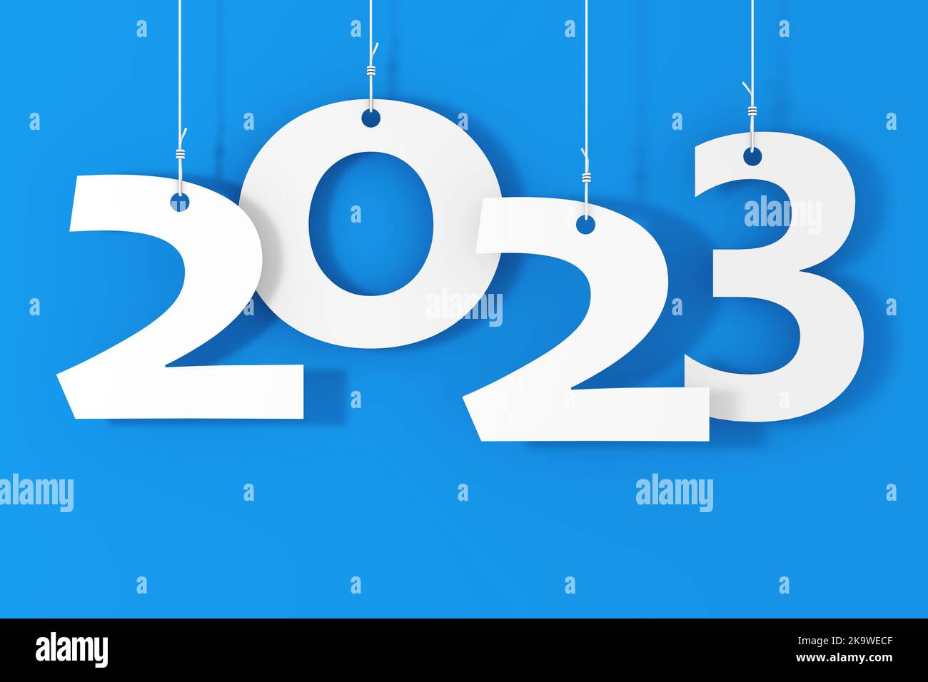 Hanging on Ropes New 2023 Year Sign on a blue background. 3d Rendering ...
