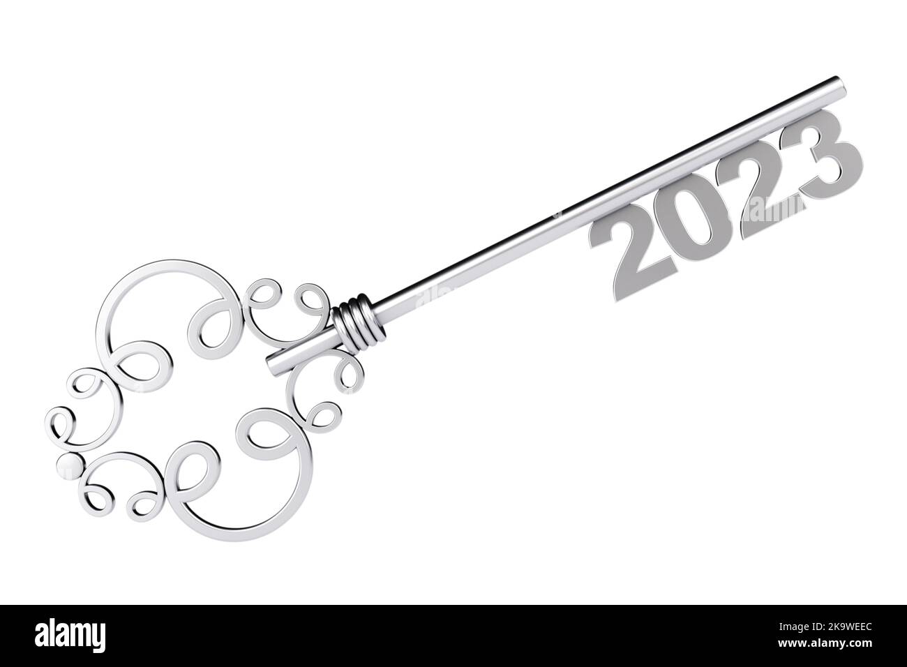 Silver Vintage Key with 2023 year Sign on a white background. 3d ...