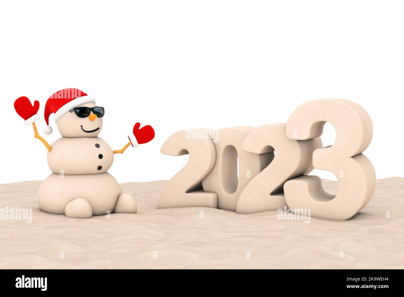 Sandy Christmas Snowman at Sunny Beach with 2023 New Year Sign extreme ...