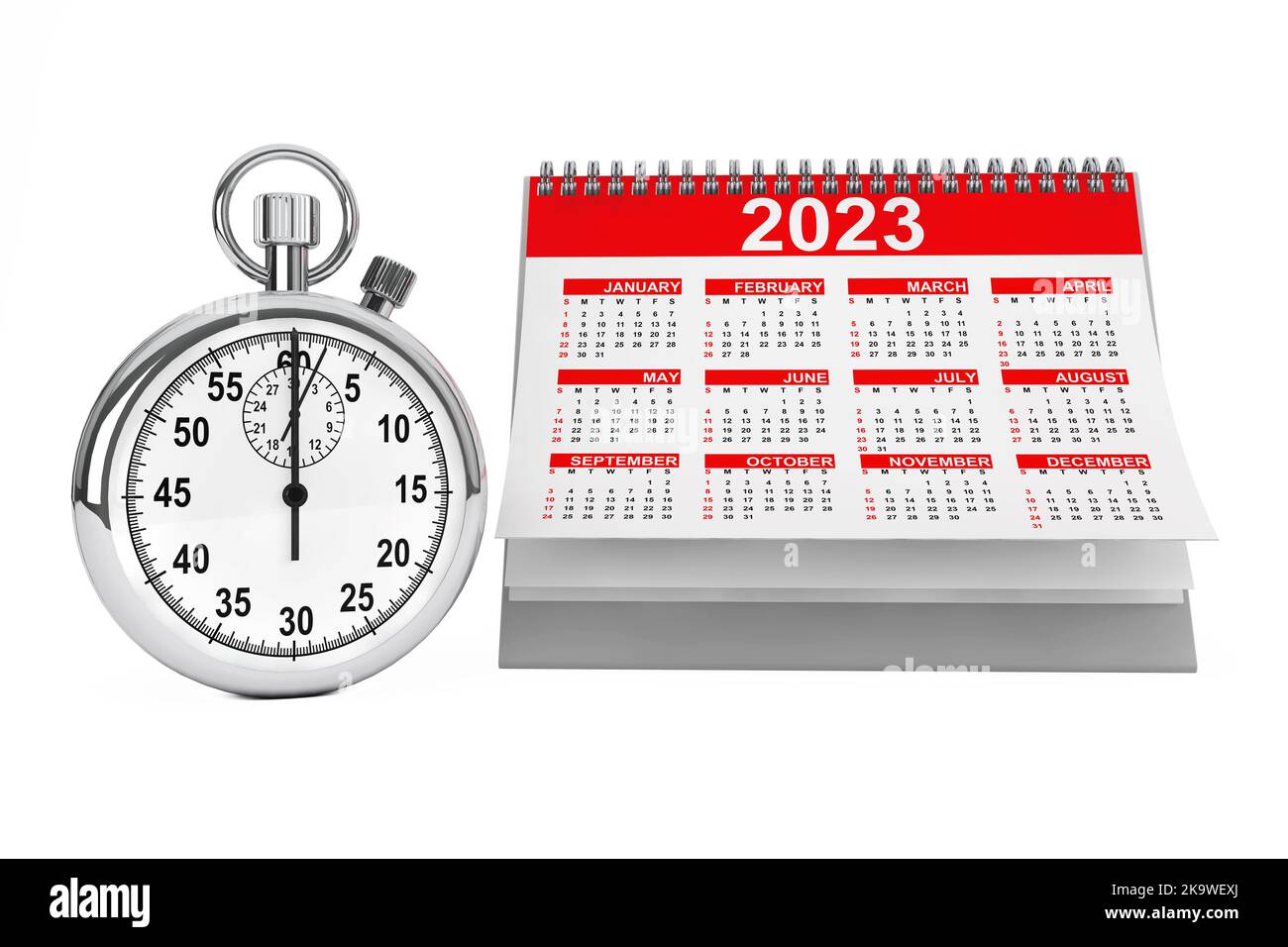 2023 year calendar with stopwatch on a white background. 3d Rendering ...