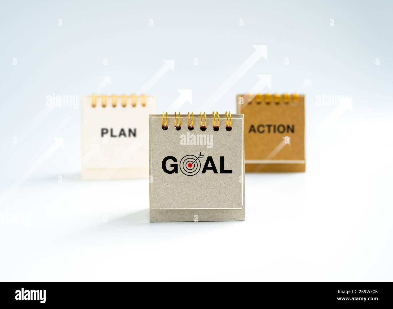 Business action, plan and goal, text and icons on small grey, beige and ...