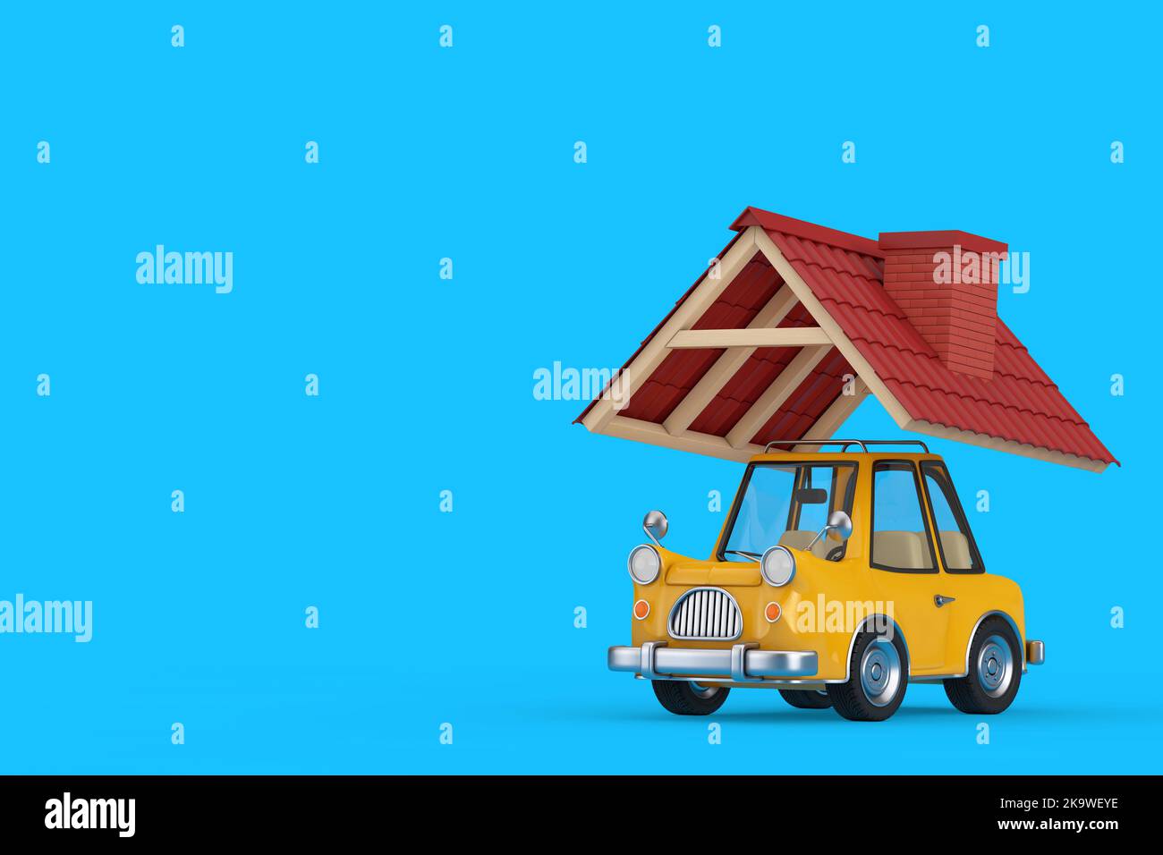 Yellow Cartoon Car Under Red Tile Roof on a blue background. 3d ...