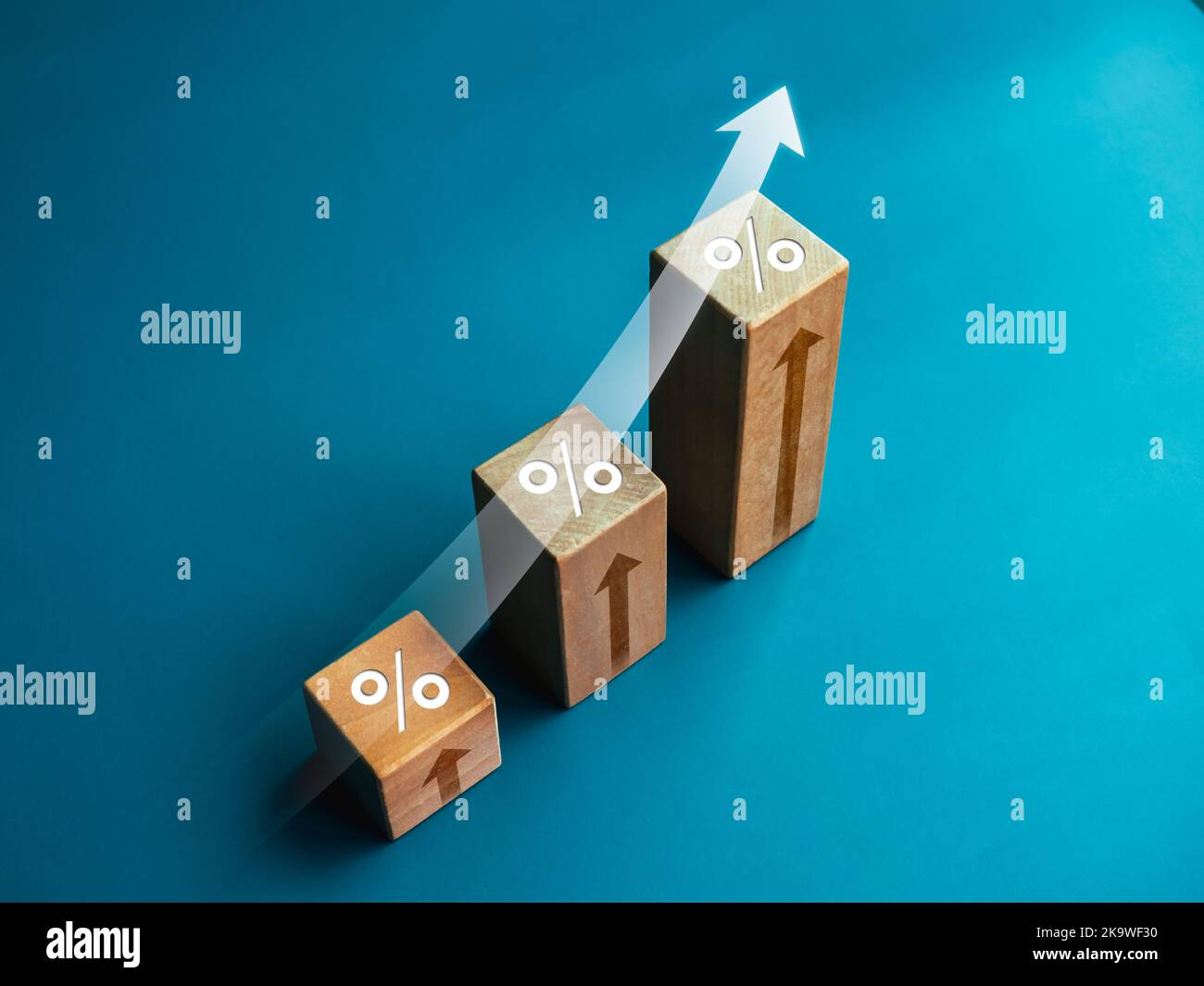 Shining rise up arrow with percentage icon on wooden blocks, 3d bar ...