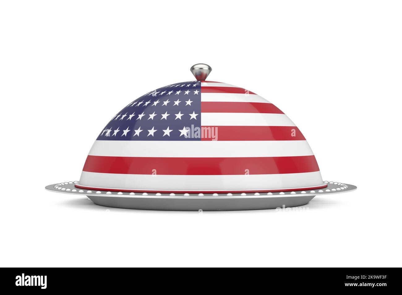 USA Food Concept. Silver Plate and Food Cover Restaurant Cloche with American Flag on a white ...