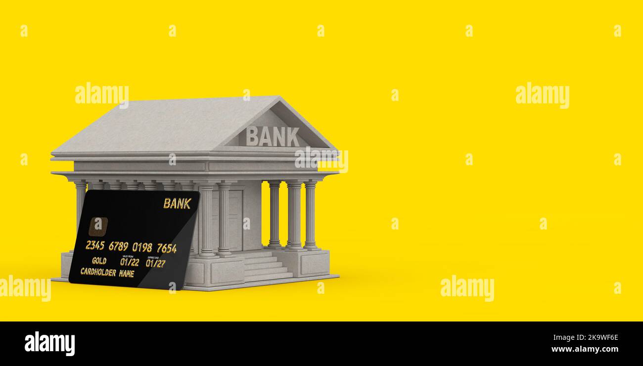 Concrete Bank Building and Black Plastic Golden Credit Card with Chip ...