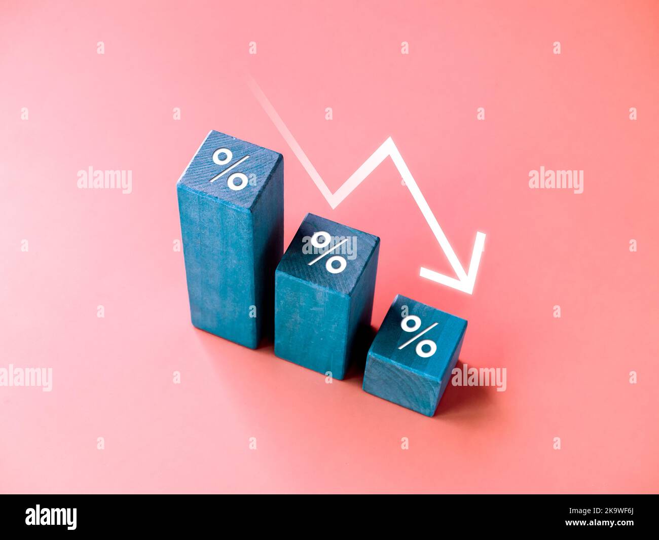 Falling down arrow with percentage icon on blue wood blocks, 3d bar ...