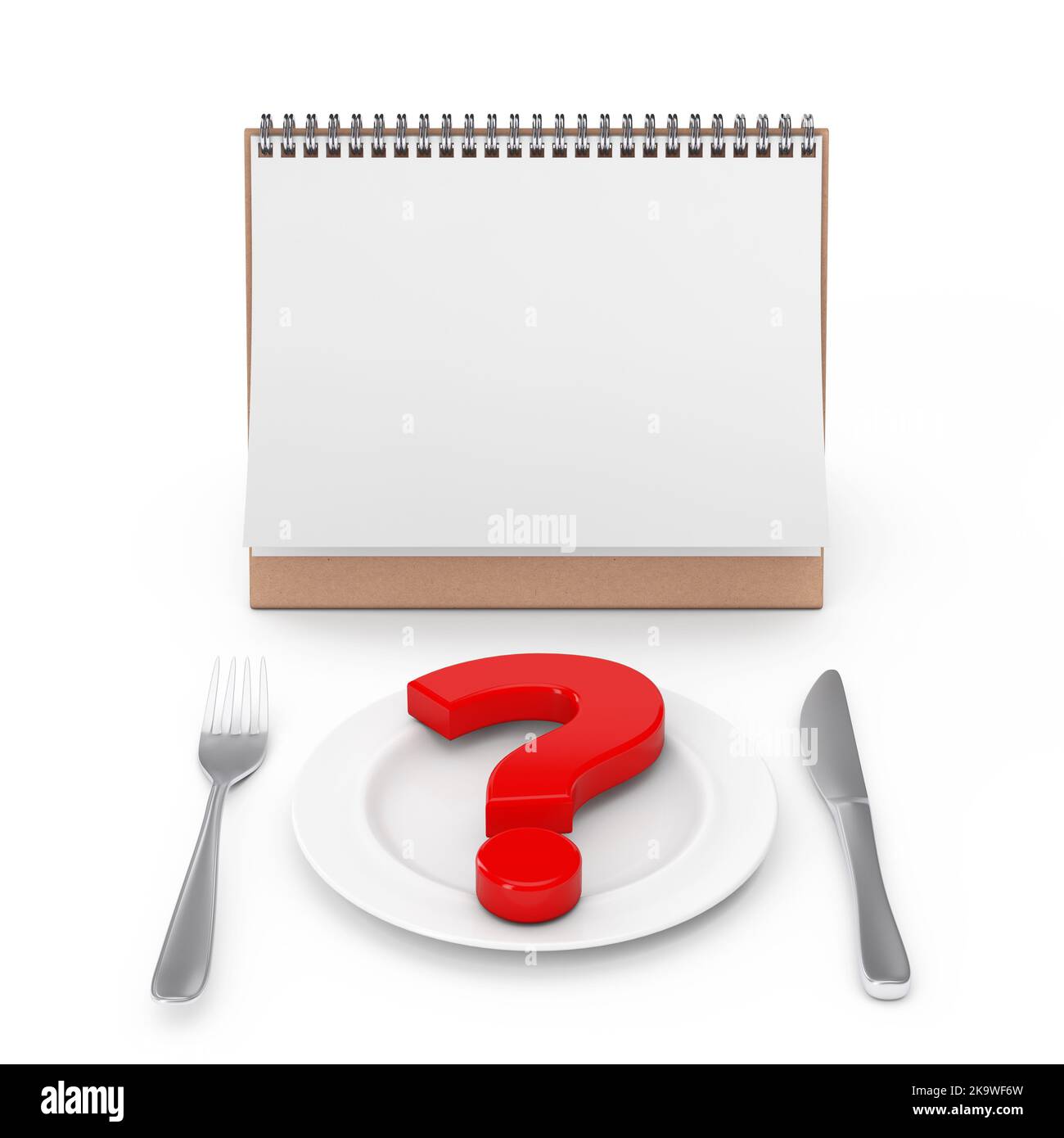 Desk Calendar near Fork, Knife and Plate with Question Mark on a white ...