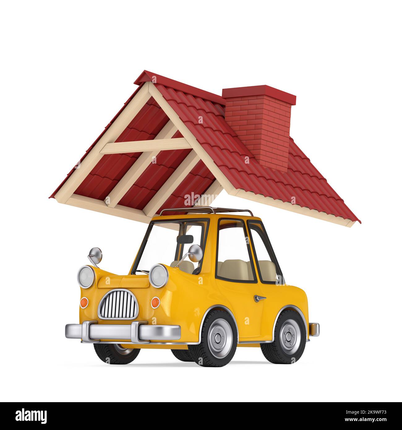 Yellow Cartoon Car Under Red Tile Roof on a white background. 3d ...