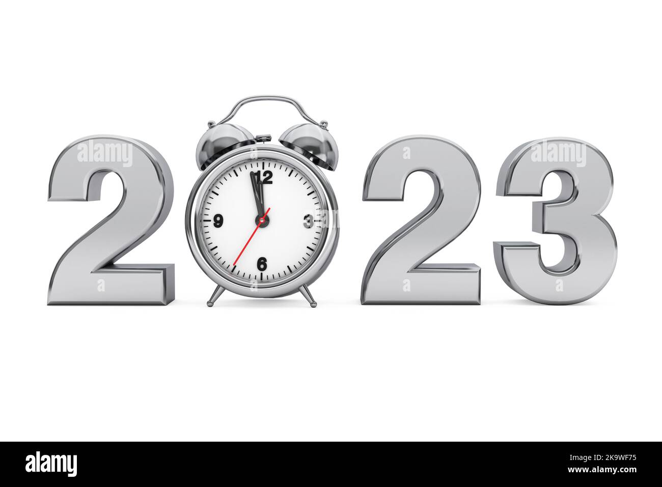 New Year 2023 concept. 2023 Steel Sign with Alarm Clock on a white ...