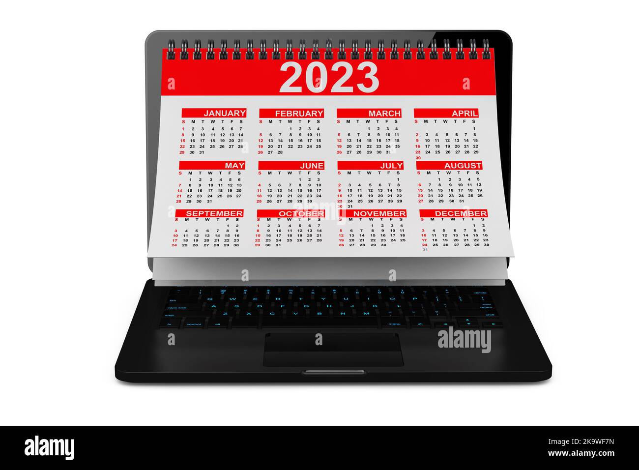 2023 Year Calendar over Laptop Screen on a white background. 3d ...