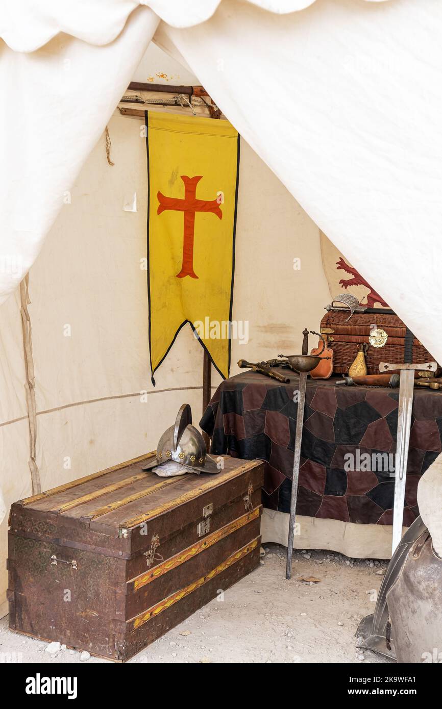 closeup in vertical view of interior of a 17th century Spanish soldier ...