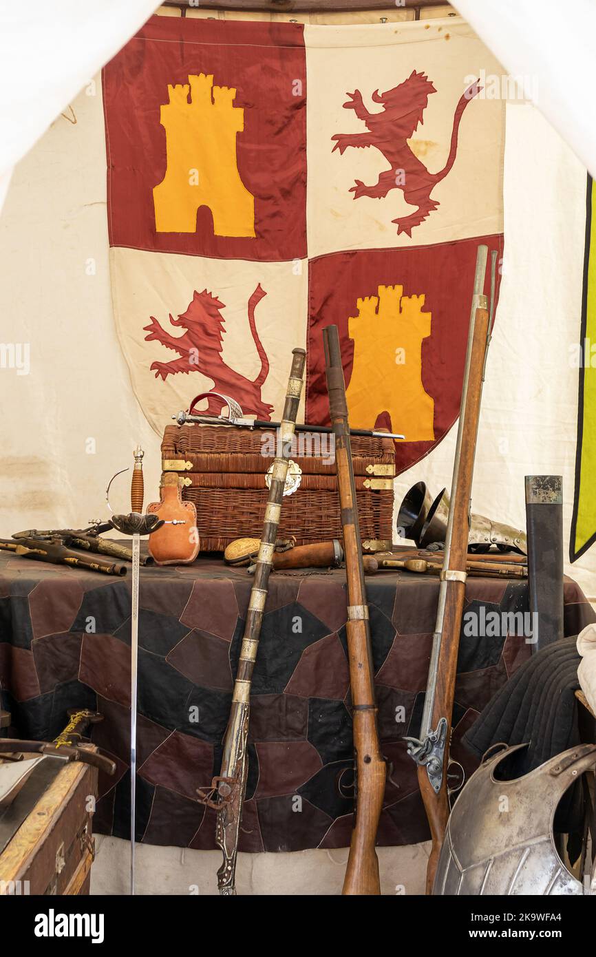 closeup in vertical view of interior of a 17th century Spanish soldier ...