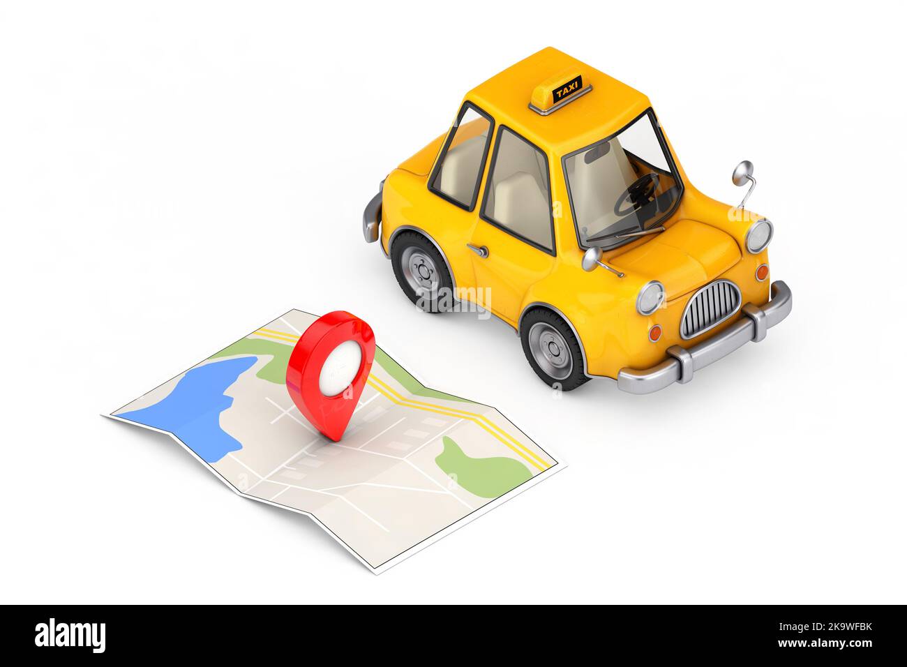 Yellow Cartoon Taxi Car near Folded Abstract Navigation Map with Target ...