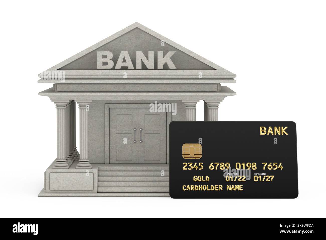 Concrete Bank Building and Black Plastic Golden Credit Card with Chip ...