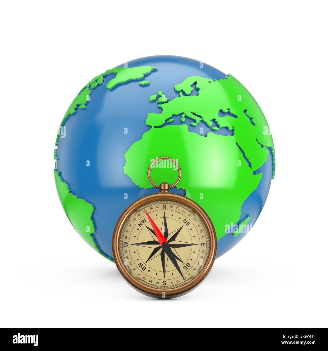 Earth Globe And Glossy Bronze Vintage Compass With Windrose On A White Background 3d Rendering