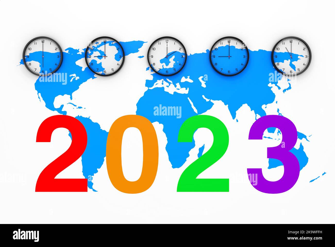 Set of Clocks with Different World Time, Blue World Map and New 2023 ...