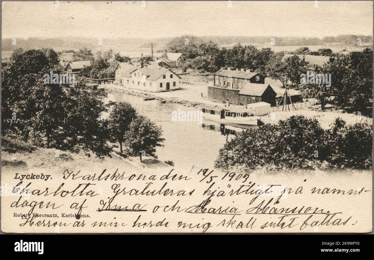 View of Lyckeby with a steamboat in Lyckebyån Stock Photo - Alamy