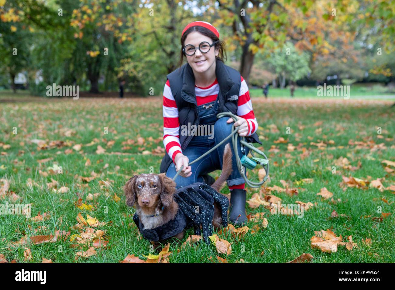 A dog walker with her dog dressed as a spider at the annual Hyde Park ...