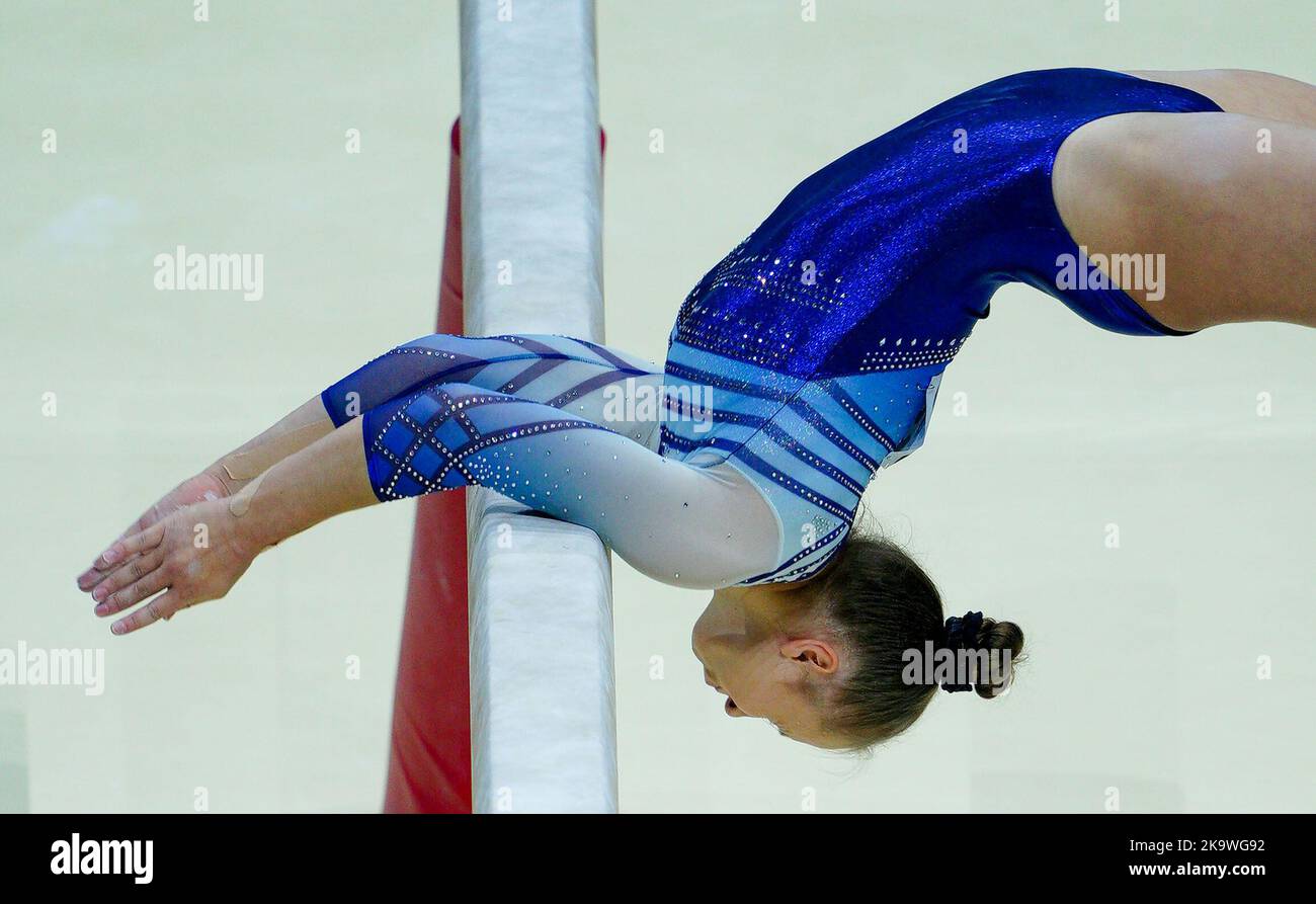 Slovenia's Zala Trtnik competes on the beam during day two of the FIG ...