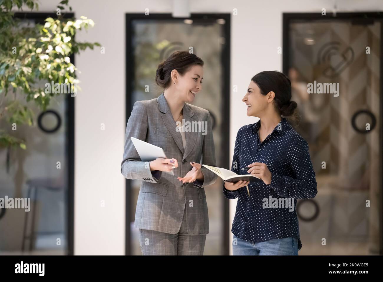 Two attractive multi ethnic businesswomen talking standing in office ...