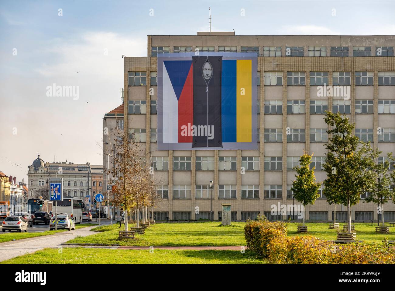 Czech Interior Ministry building with banner. Russian president ...