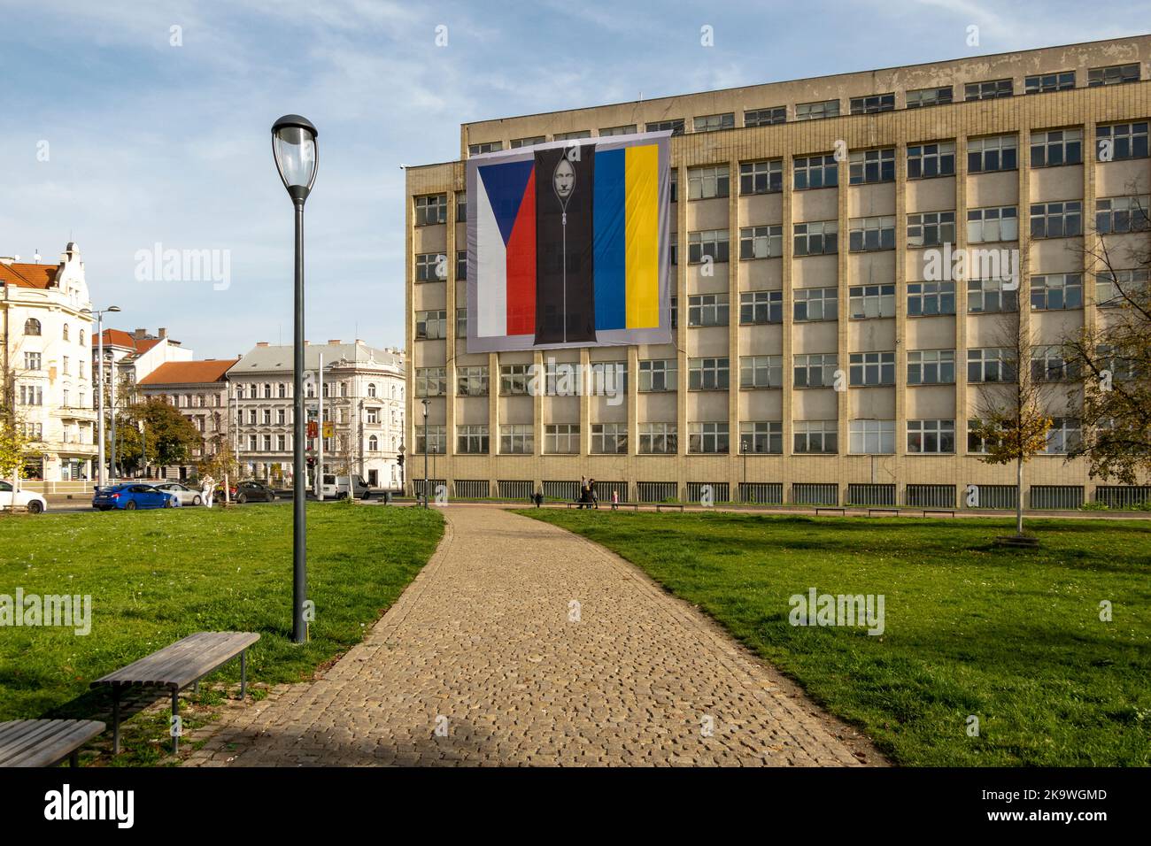 Czech Interior Ministry building with banner. Russian president ...