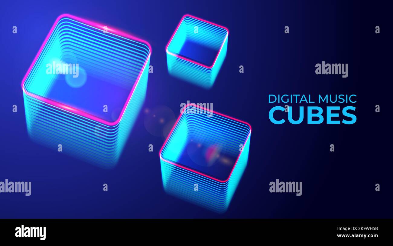 Isometric blue glowing neon cubes. Gaming, music, technology, big data ...