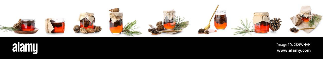 Group of jars with tasty pine cone jam on white background Stock Photo ...